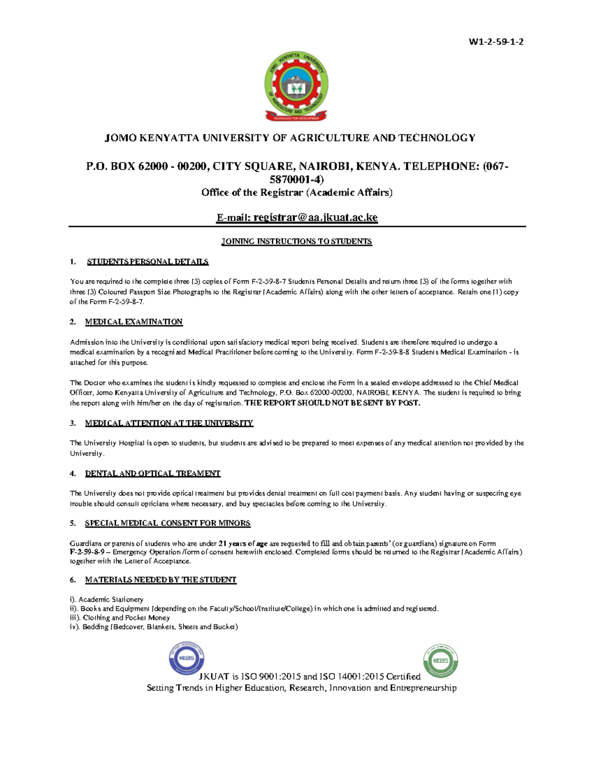 Joining Instructions - W1-2-59-1- JOMO KENYATTA UNIVERSITY OF ...