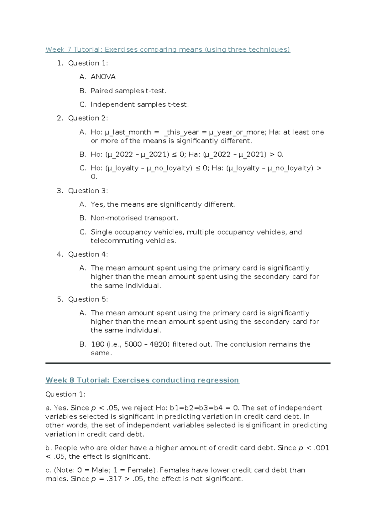 Week 7 Tutorial Answers - Week 7 Tutorial: Exercises comparing means (using three techniques) 1 ...