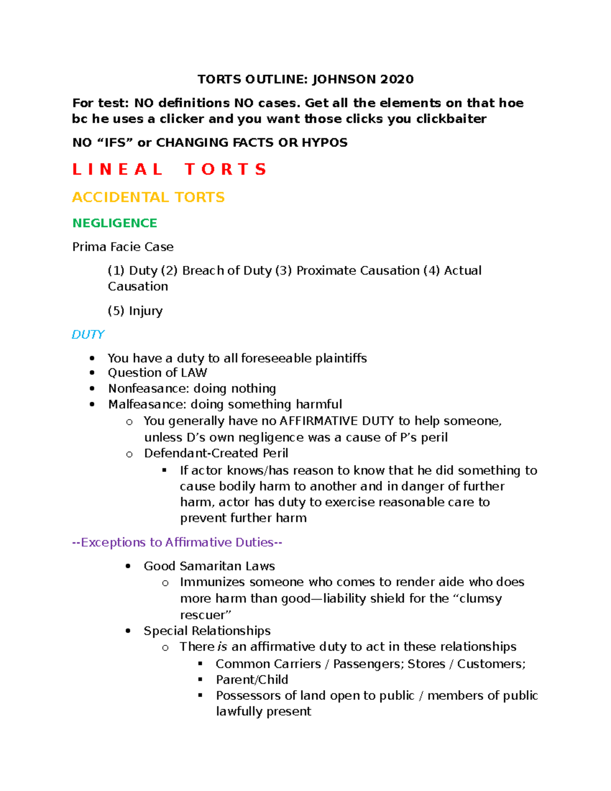 Torts Outline - TORTS OUTLINE: JOHNSON 2020 For test: NO definitions NO ...