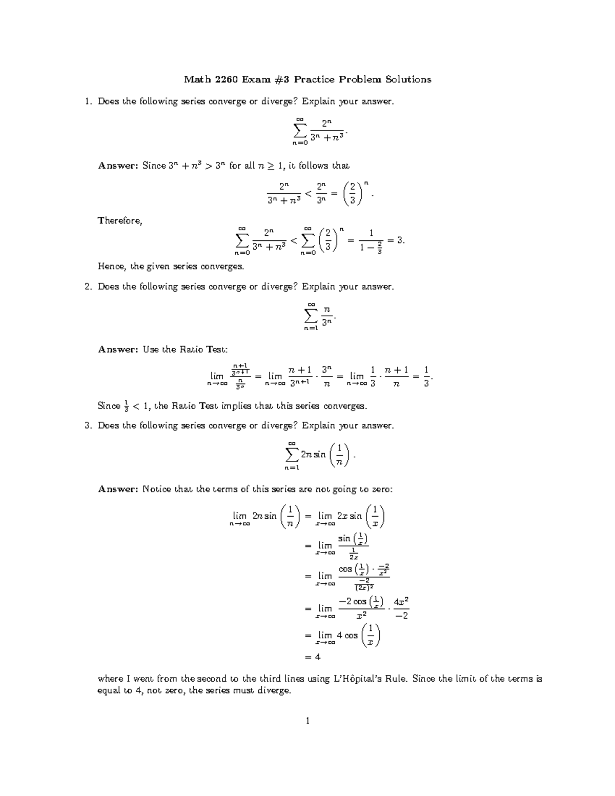 Exam3practicesolutions - Math 2260 Exam #3 Practice Problem Solutions Does the following series ...