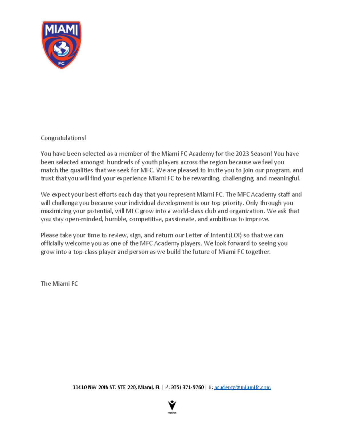 Player Letter of Intent - 11410 NW 20th ST. STE 220, Miami, FL | P: 305 ...