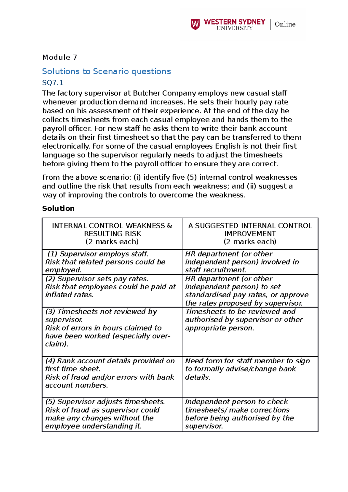 Week 7 Auditing T1 2023 Solution - Module 7 Solutions to Scenario ...