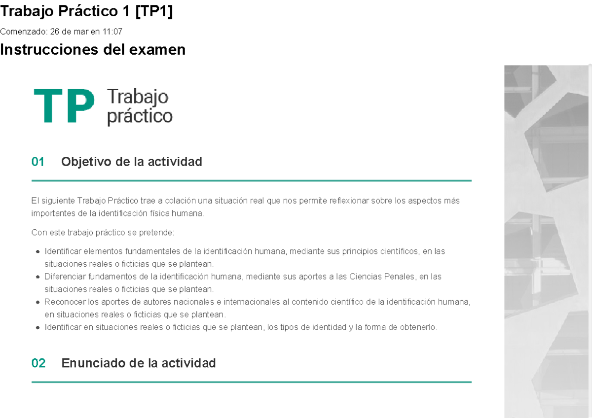 Examen Trabajo Práctico 1 -TP1-100 - Trabajo Práctico 1 [TP1] Comenzado: 26 de mar en 11: - Studocu