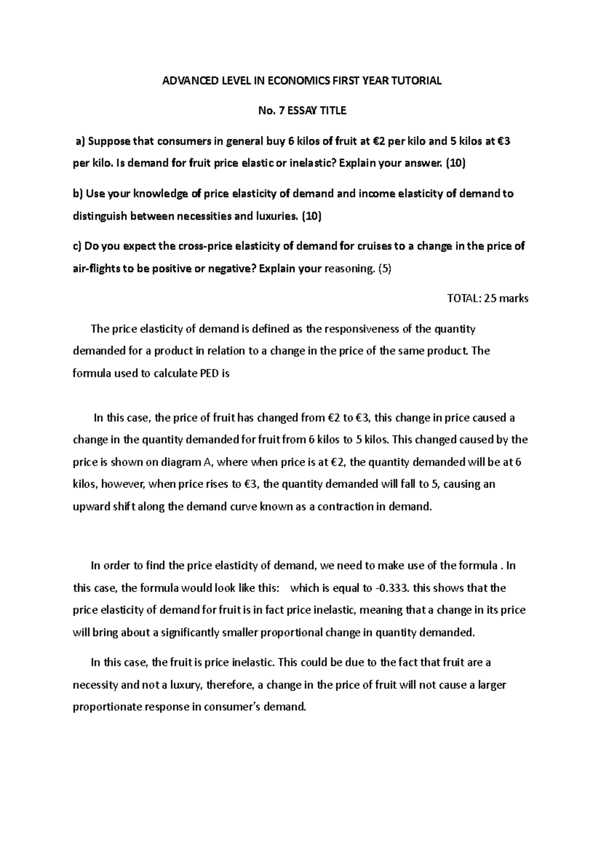 Advanced Level IN Economics First YEAR Tutorial 7 - ADVANCED LEVEL IN ...