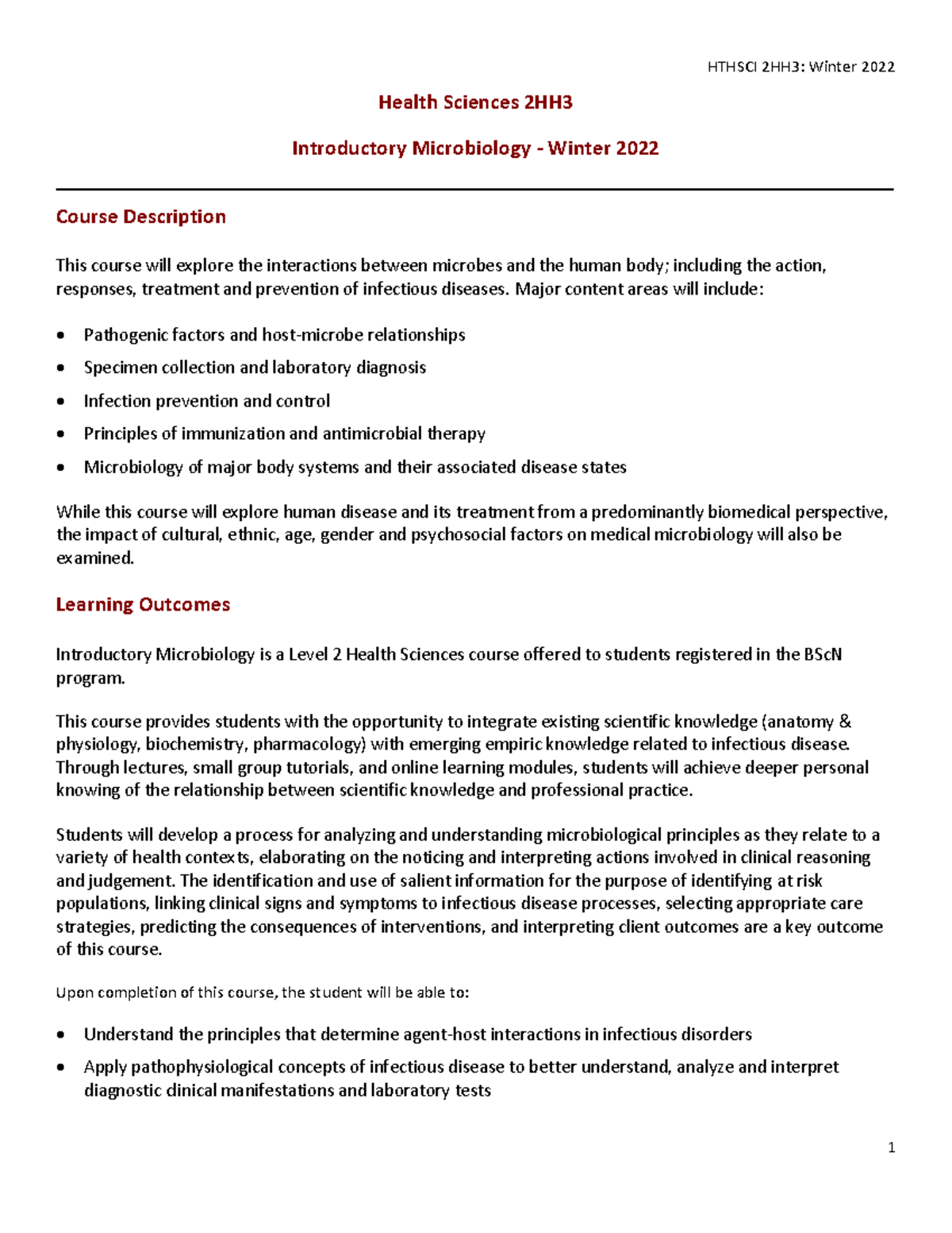 Hthsci 2HH3 Course Outline 2022 - Health Sciences 2HH Introductory ...