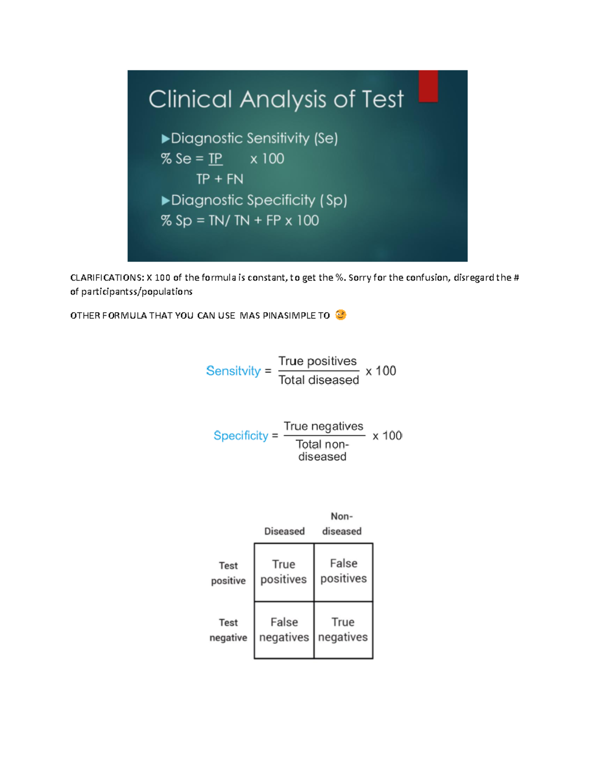 Computation of Sensitivity Specificity Westgard - CLARIFICATIONS: X 100 ...