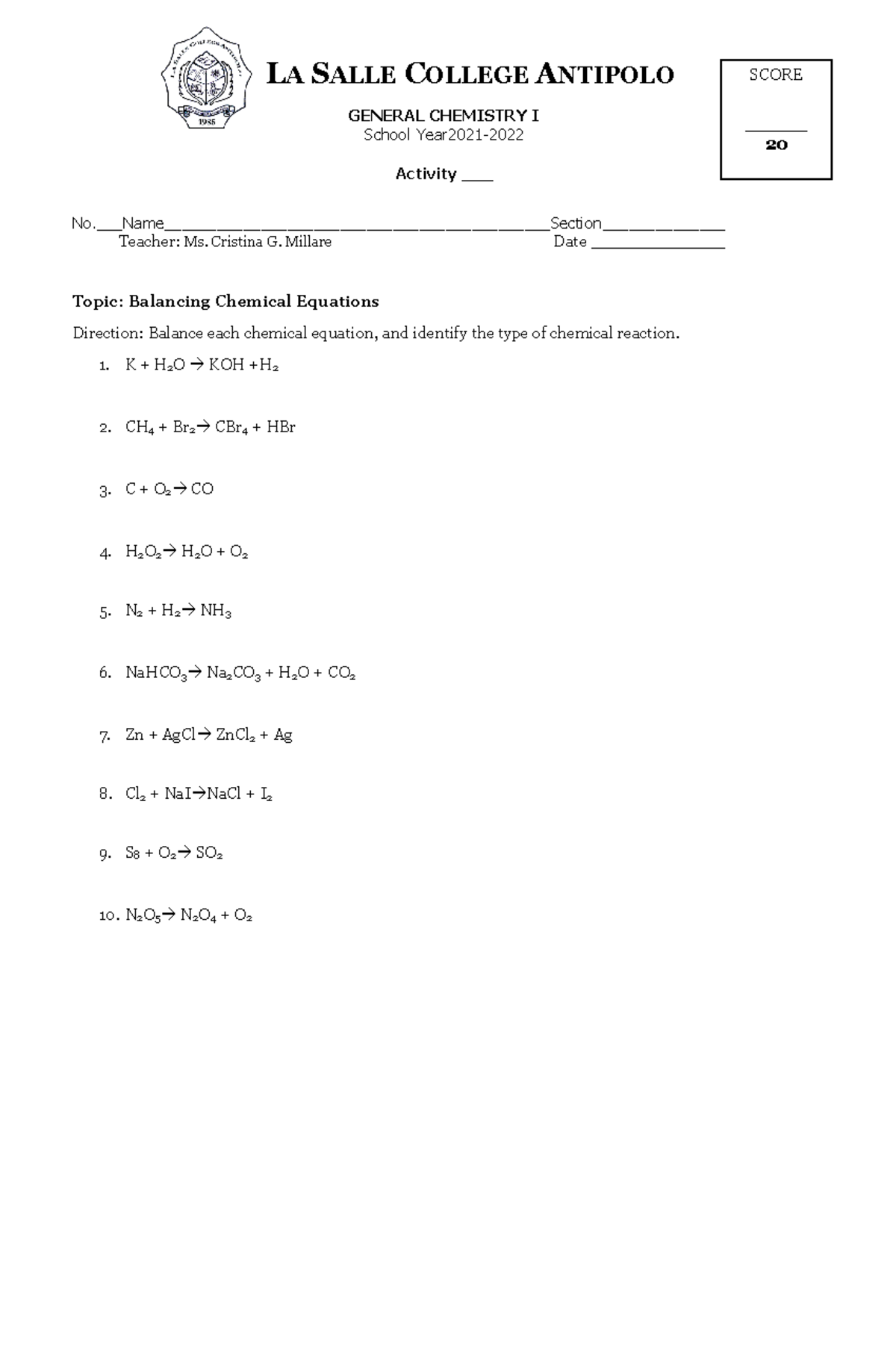 4. Balancing Chemical Equations - GENERAL CHEMISTRY I School Year20 21 ...