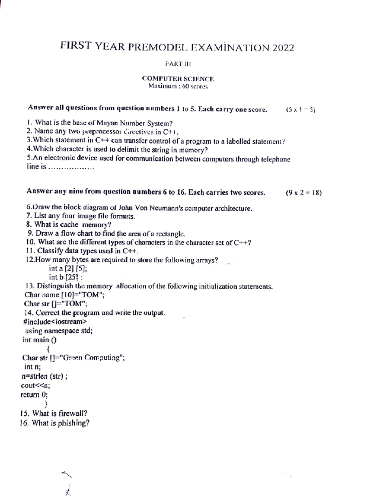 First Year Pre model Examination 2022 Computer Science - FIRST YEAR ...