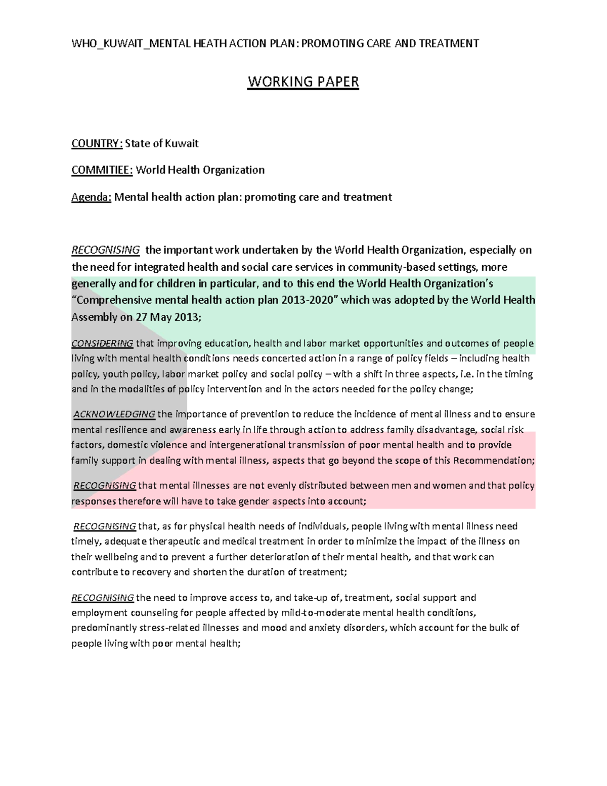 Sample Working Paper - None - WHO_KUWAIT_MENTAL HEATH ACTION PLAN ...