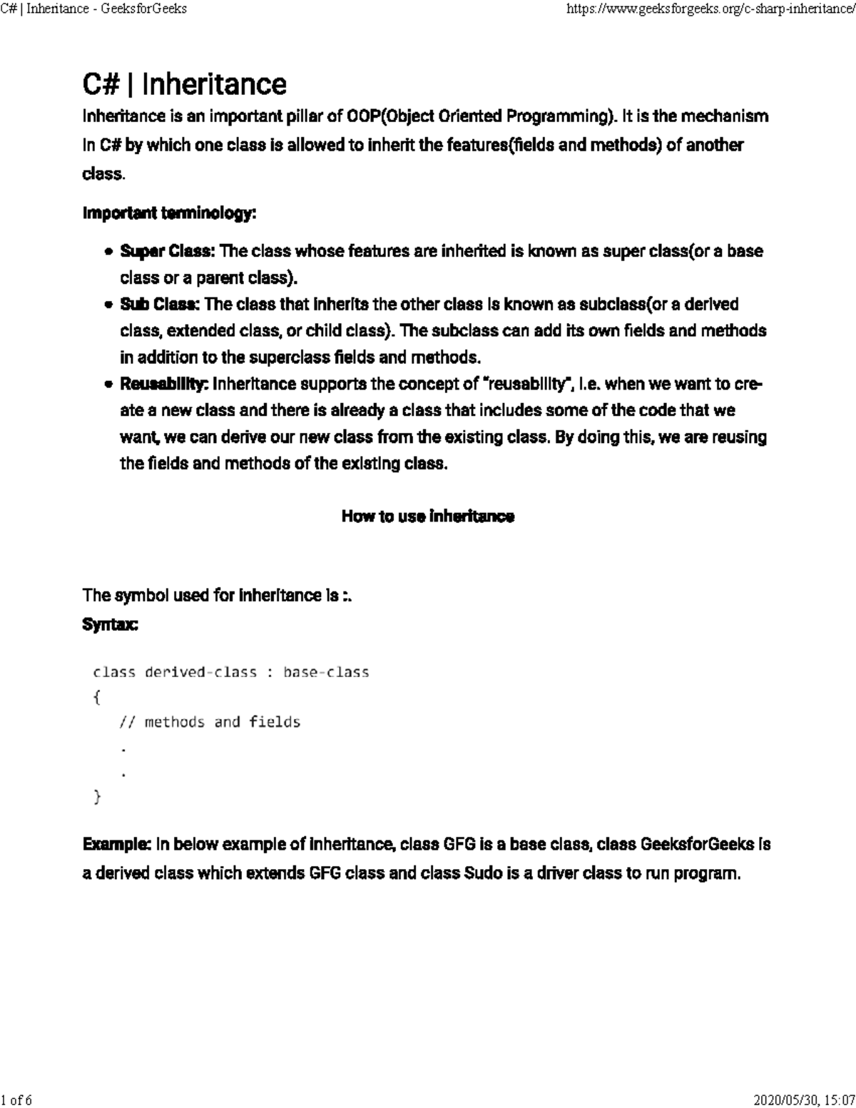 L12 - INF272 Extra (C# Inheritance - Geeksfor Geeks) - // C# program to ...