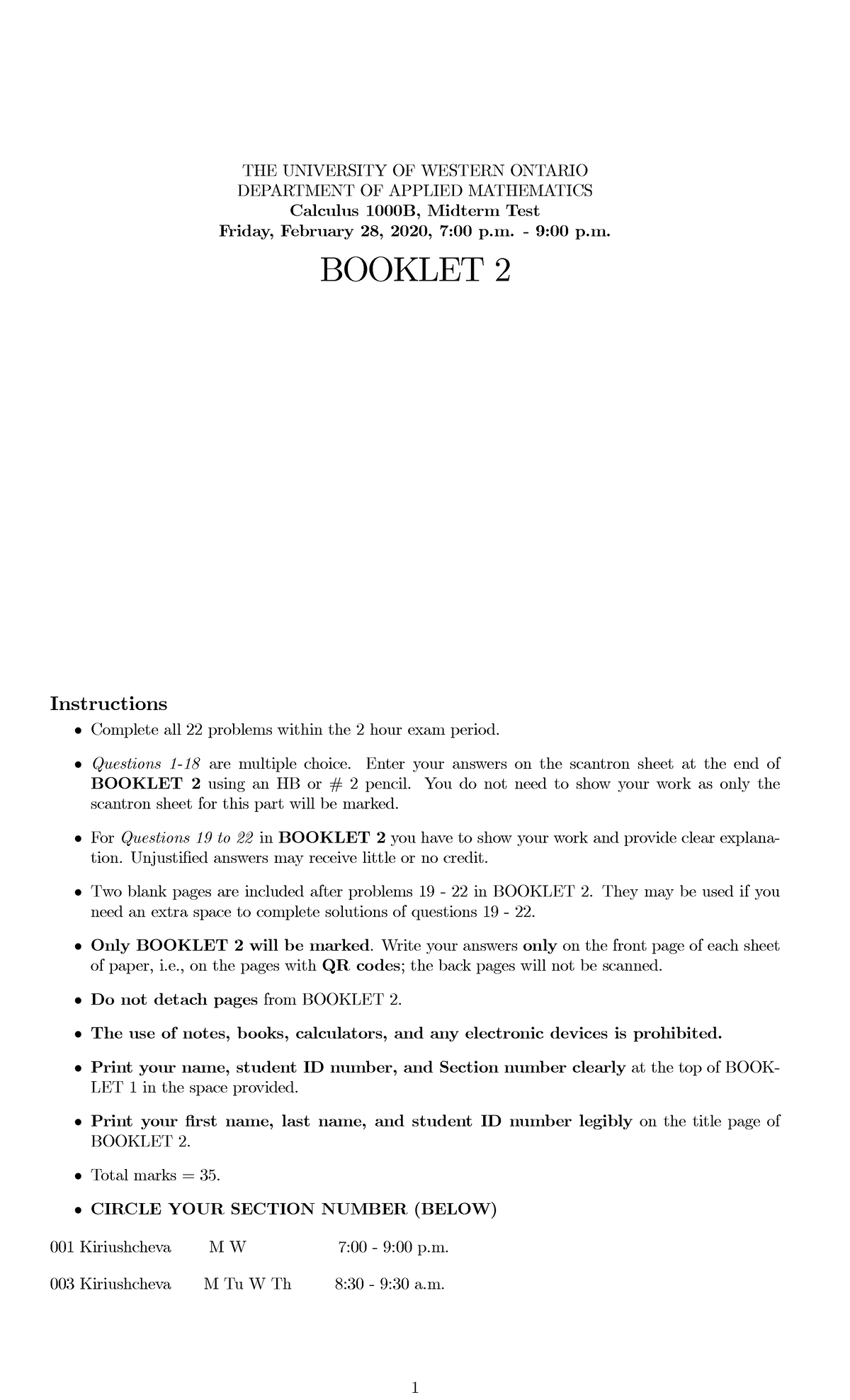 Calculus 1000b midterm booklet 2 00 2020 - THE UNIVERSITY OF WESTERN ...
