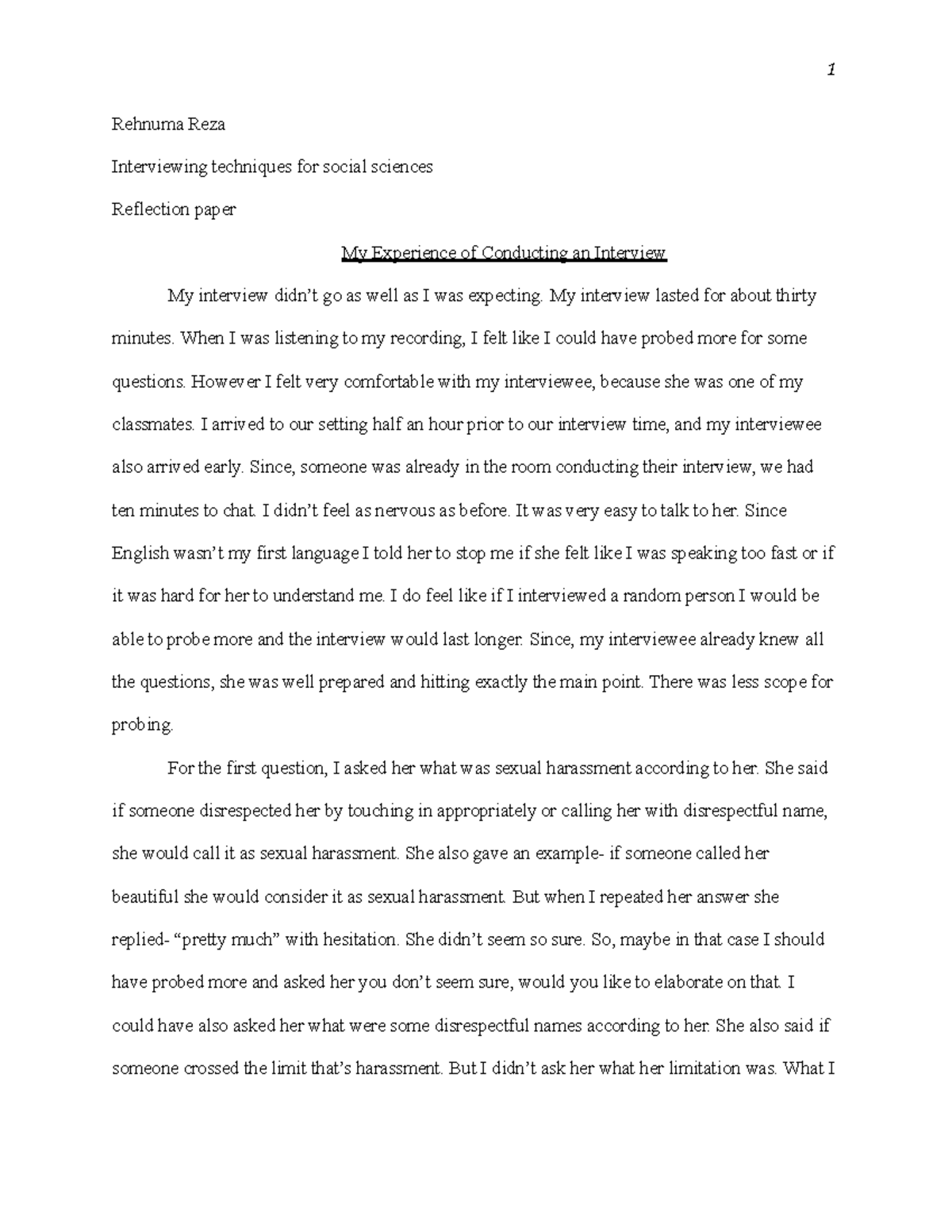 Reflection Paper ( Interview) - 1 Rehnuma Reza Interviewing techniques ...