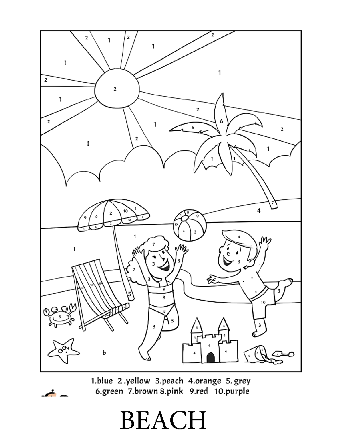 Beach color by number - drawing - Basic English - 2 2 2 1 1 1 1 2 2 1 2 ...
