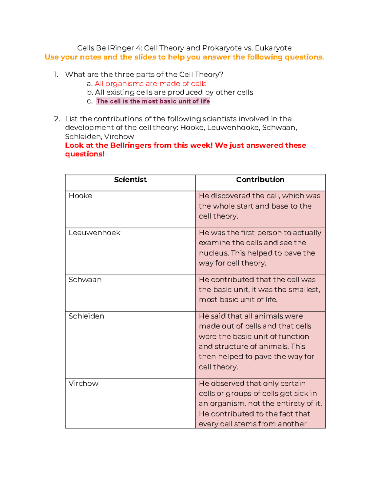 Cells Bell Ringer 4 - Cell Theory - Cells BellRinger 4: Cell Theory and ...
