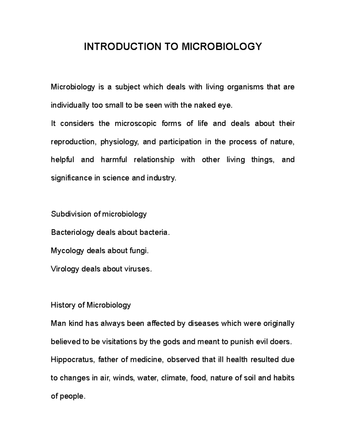 INTRODUCTION TO MICROBIOLOGY - INTRODUCTION TO MICROBIOLOGY ...