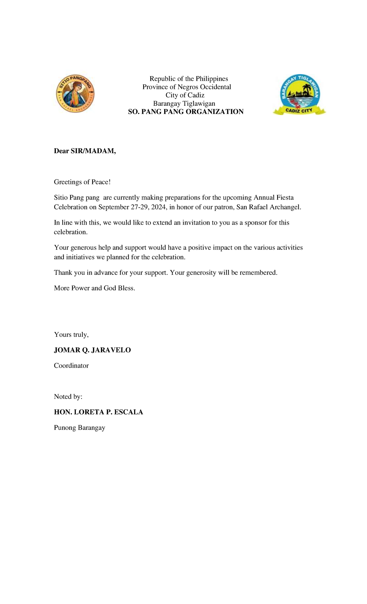 Solicitation-letter - ASGAHH - Republic of the Philippines Province of ...