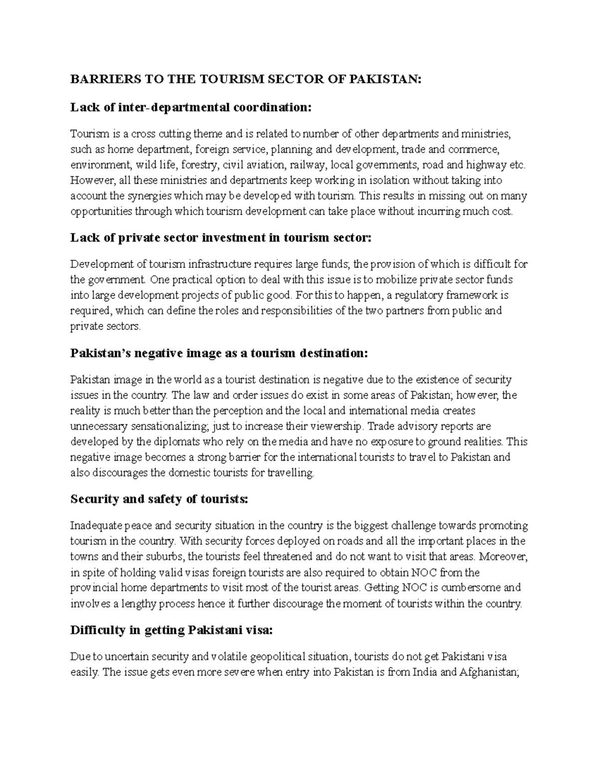 Barriers TO THE Tourism Sector OF Pakistan - BARRIERS TO THE TOURISM ...