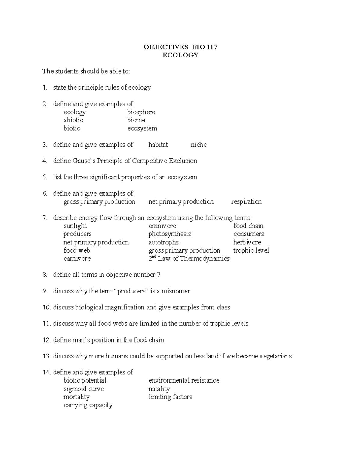 BIO 117 ecology objectives - OBJECTIVES BIO 117 ECOLOGY The students ...