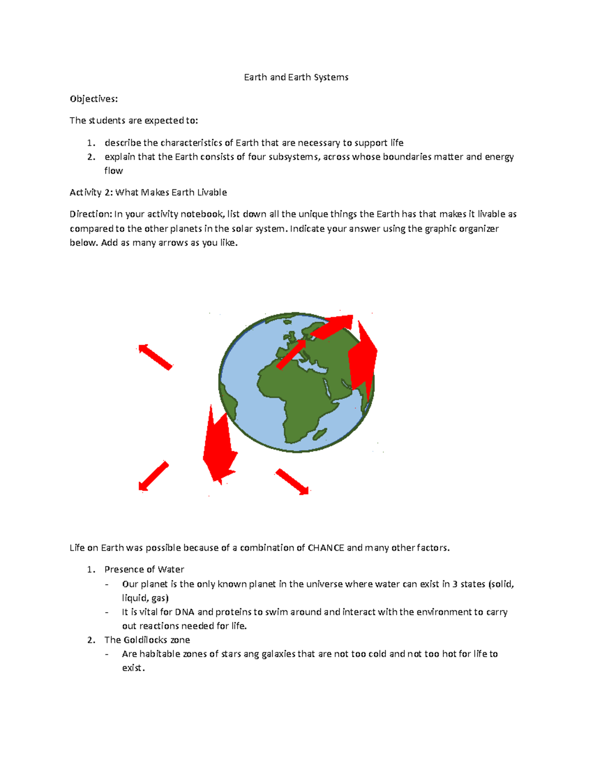 Earth and Earth Systems - Earth and Earth Systems Objectives: The ...