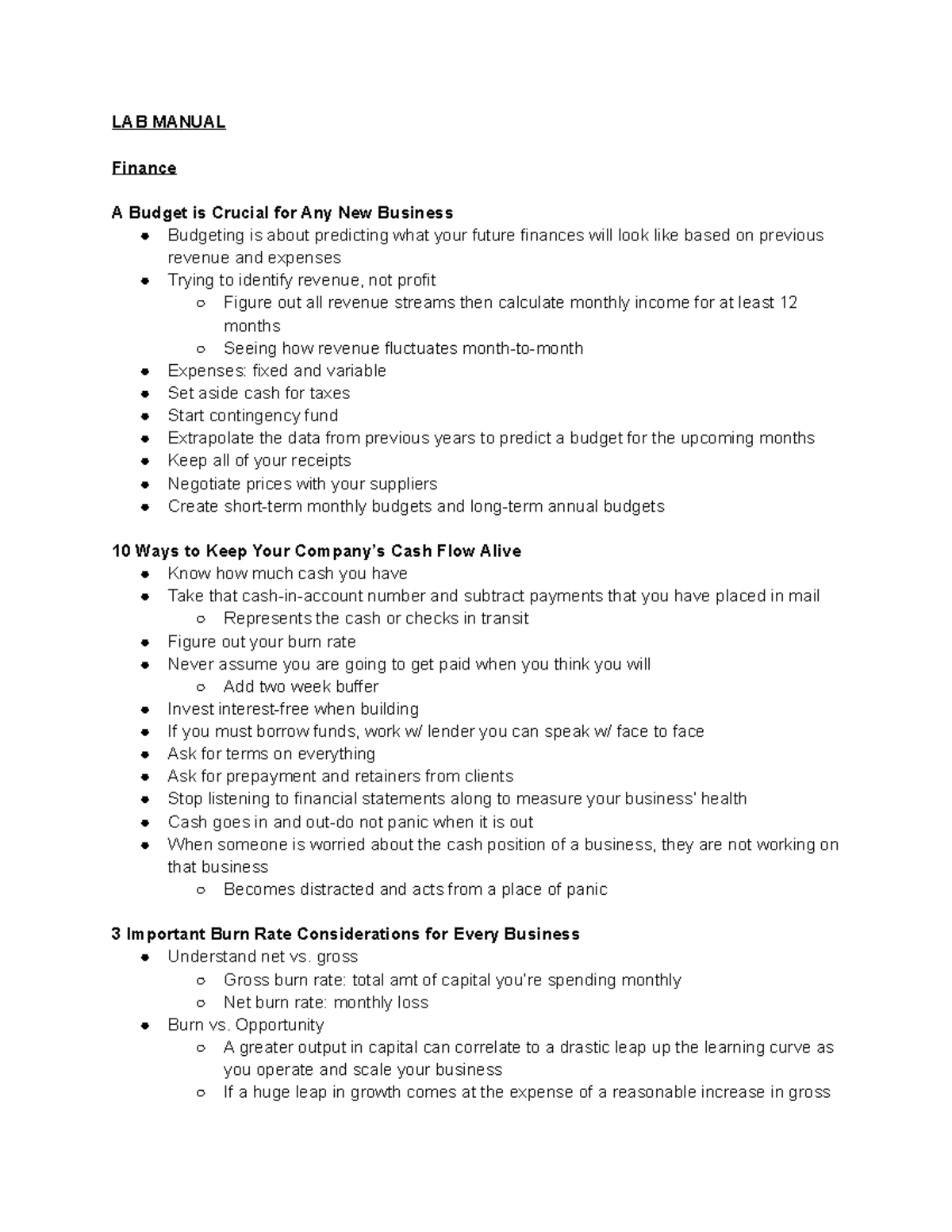 Lab manual notes - LAB MANUAL Finance A Budget is Crucial for Any New ...
