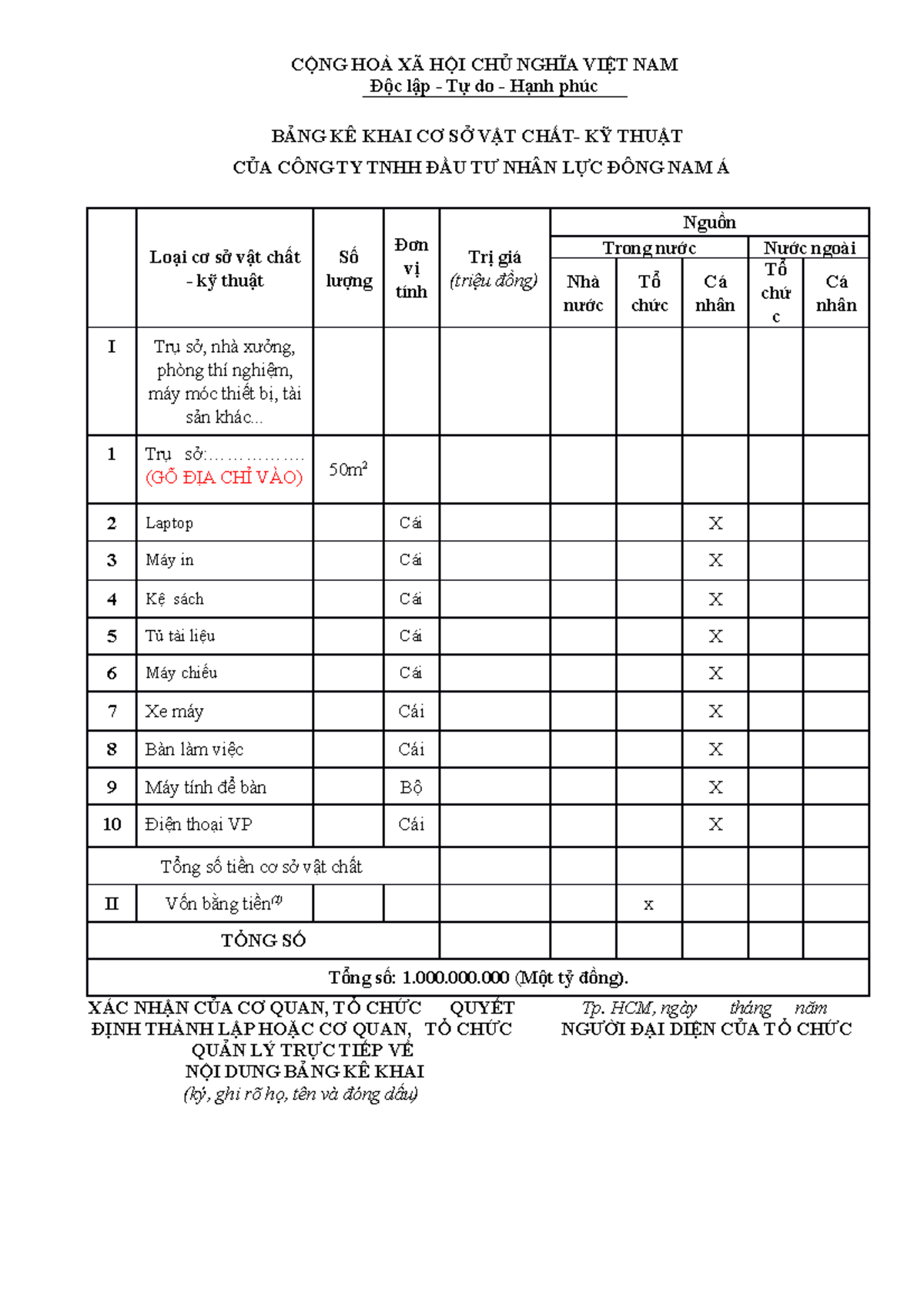 Bang ke CSVC - hay - CỘNG HOÀ XÃ HỘI CHỦ NGHĨA VIỆT NAM Độc lập - Tự do ...