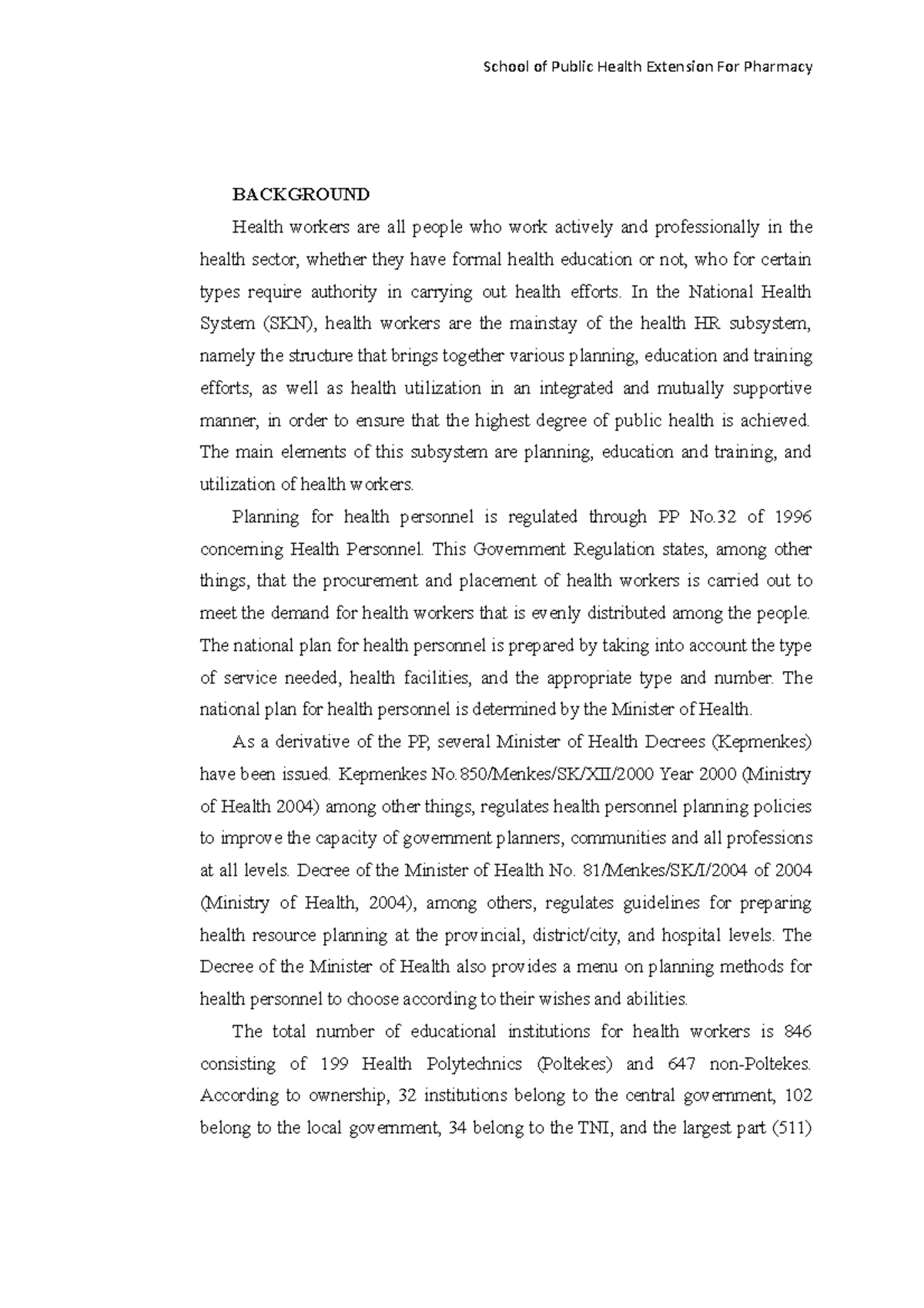 School of Public Health Extension For Pharmacy - BACKGROUND Health ...