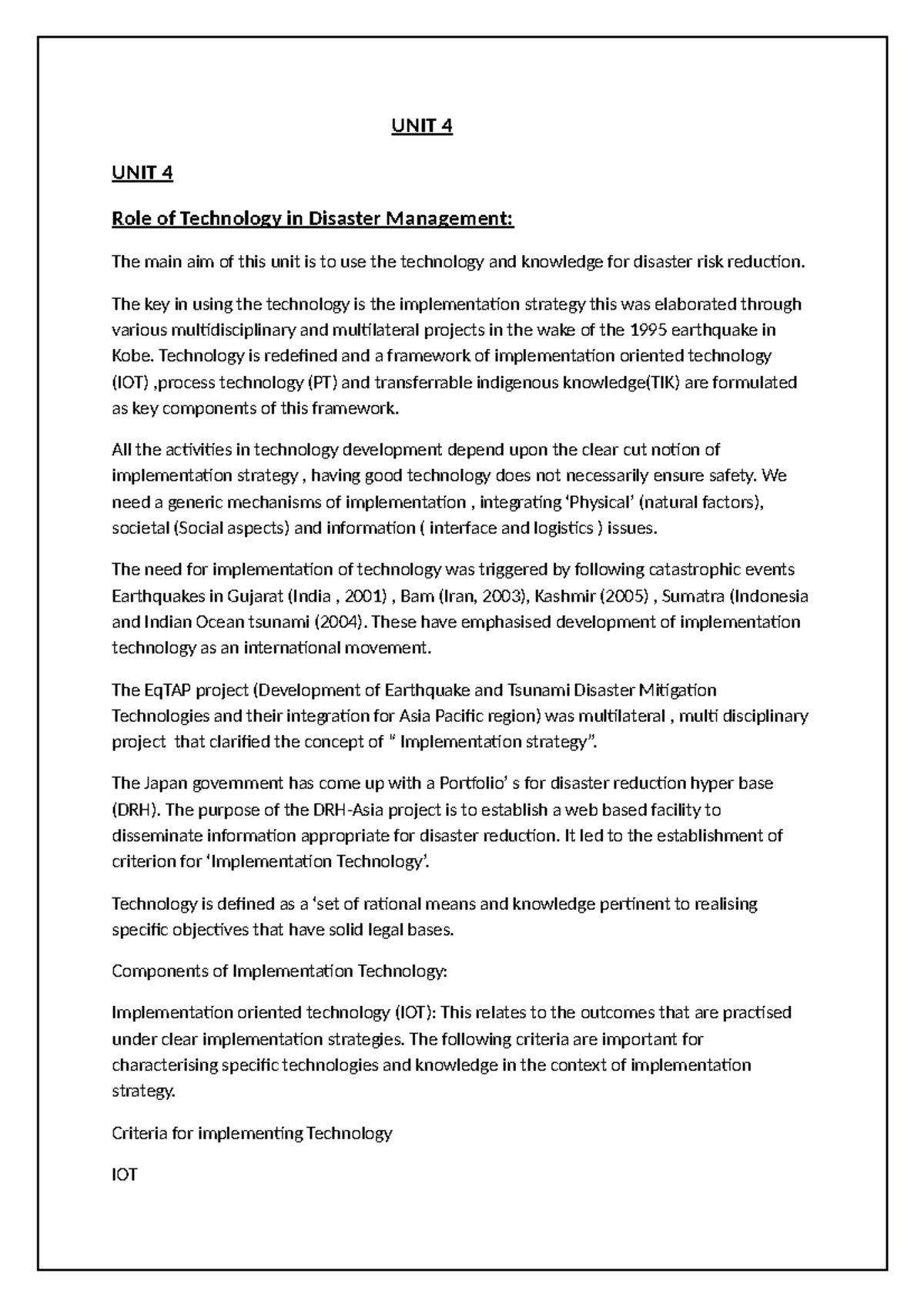 UNIT 4 DM - Materials - UNIT 4 UNIT 4 Role of Technology in Disaster ...