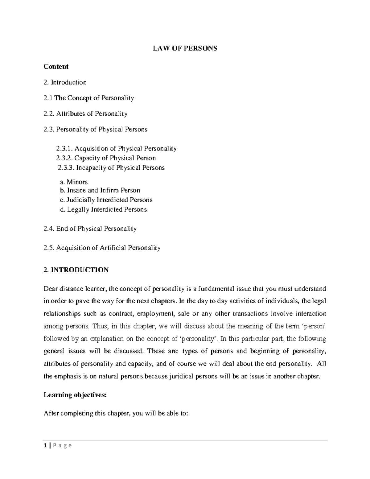 Chapter 2 l AW OF Persons - LAW OF PERSONS Content Introduction 2 The ...