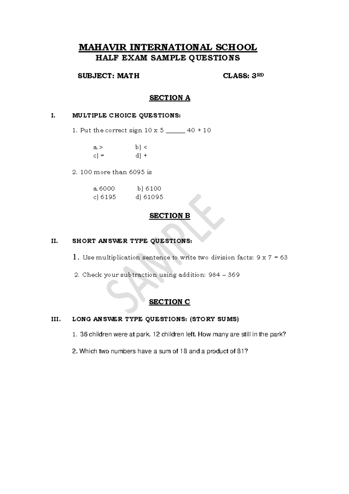 Class 3 MATH Sample Paper - MAHAVIR INTERNATIONAL SCHOOL HALF EXAM ...