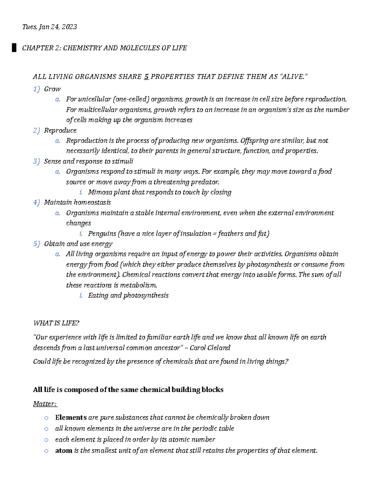 Chapter 2 - Tues. Jan 24, 2023 CHAPTER 2: CHEMISTRY AND MOLECULES OF ...