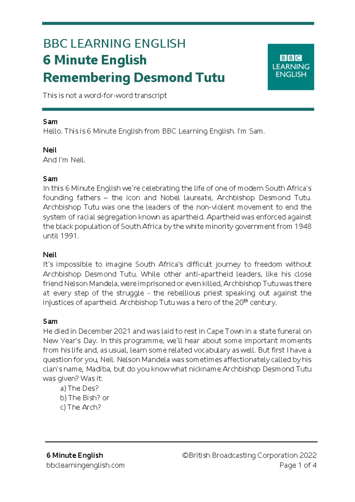 Remembering Desmond Tutu - BBC LEARNING ENGLISH 6 Minute English ...