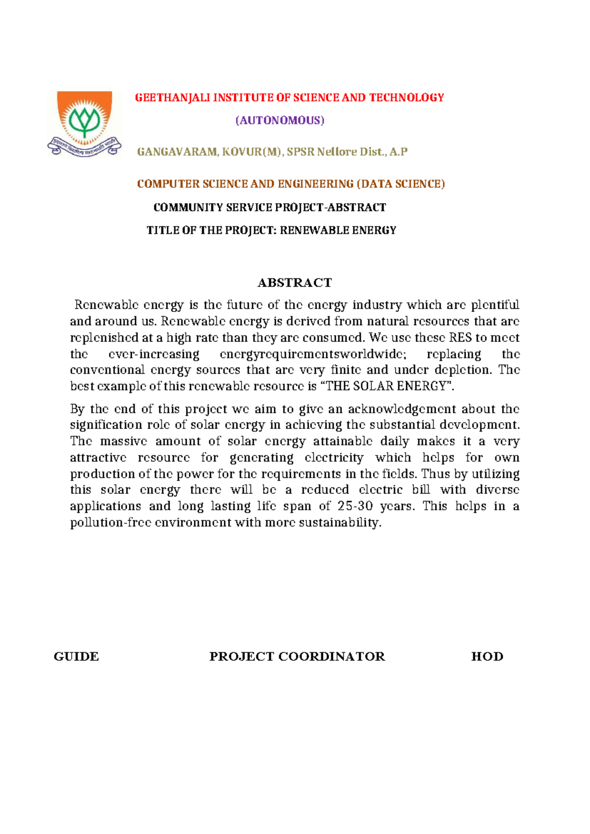 A2 Abstract - Csp project reviews - GEETHANJALI INSTITUTE OF SCIENCE ...