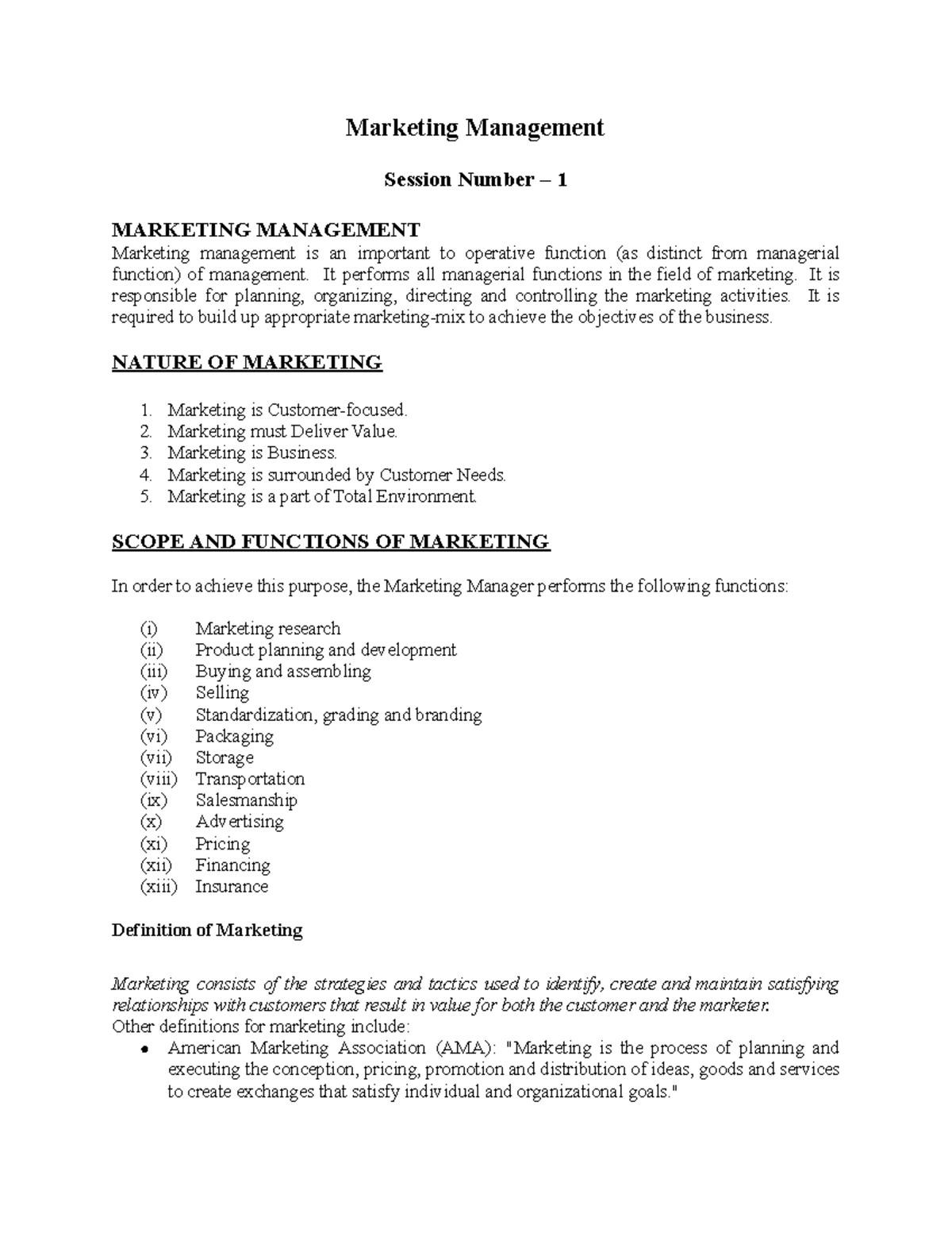 Marketing Management Notes 1-10 - Marketing Management Session Number ...