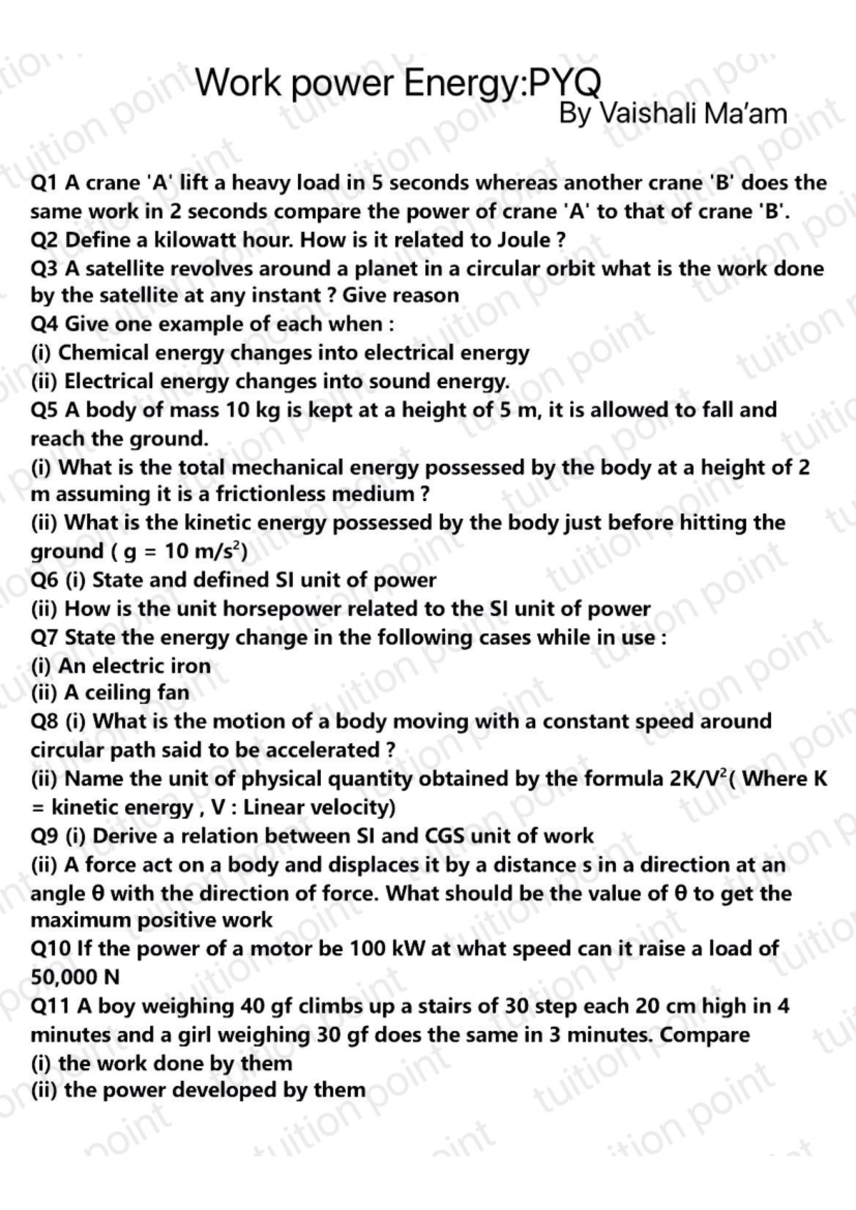 Work powe energy pyq 01 - Work power Energy:PYQ Vaishali Q1 A crane ...