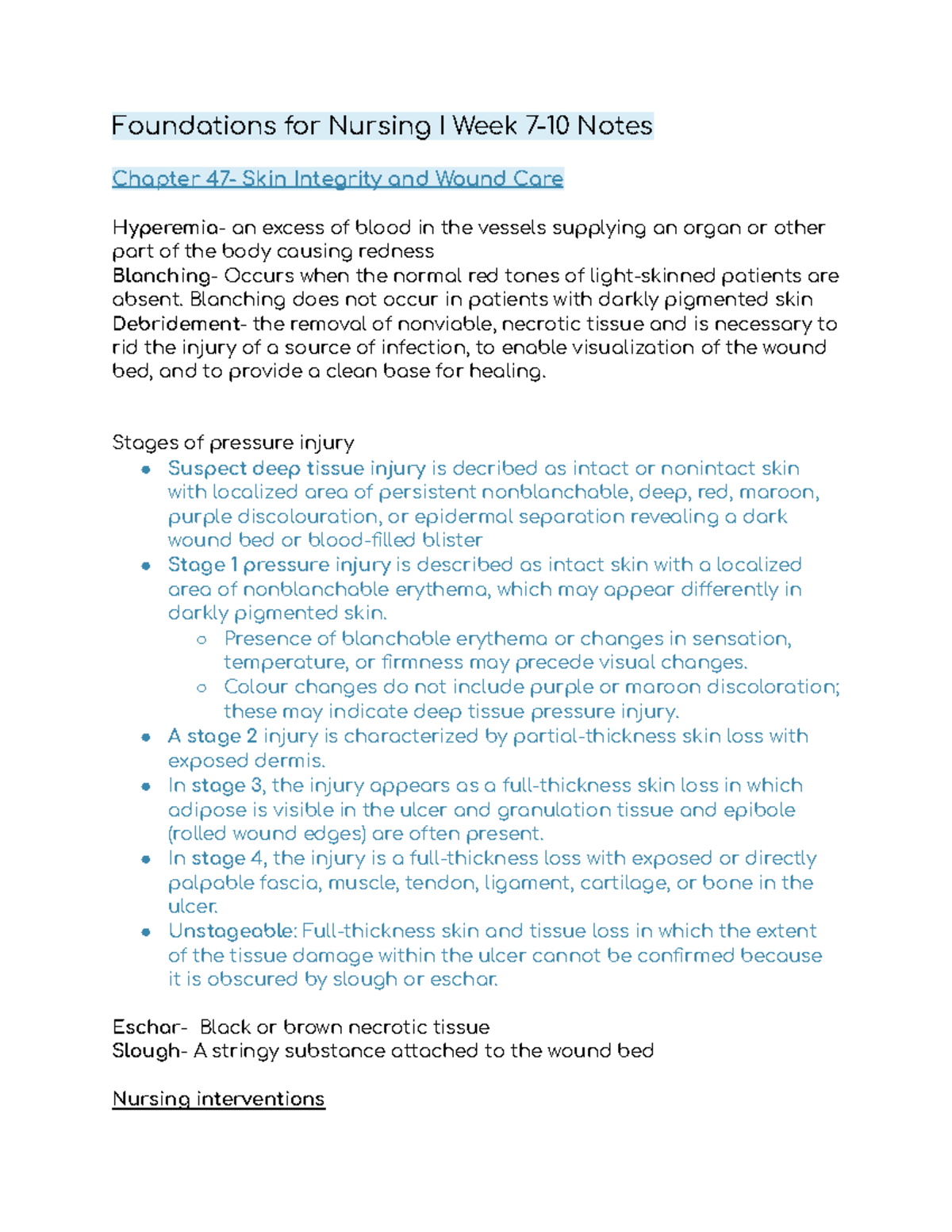 Foundations I notes - Foundations for Nursing I Week 7-10 Notes Chapter ...