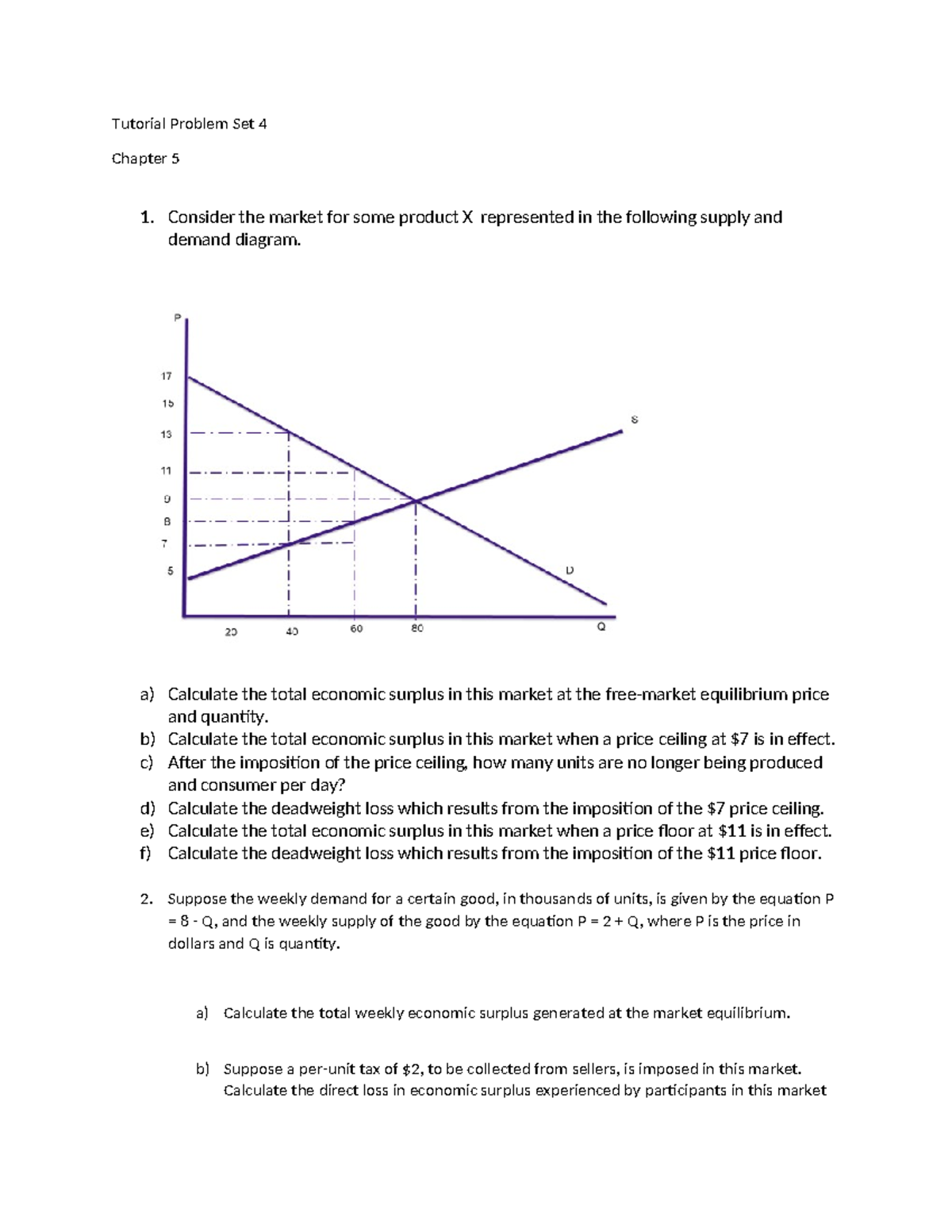 Tutorial Problem Set 4 - Consider the market for some product X represented in the following ...
