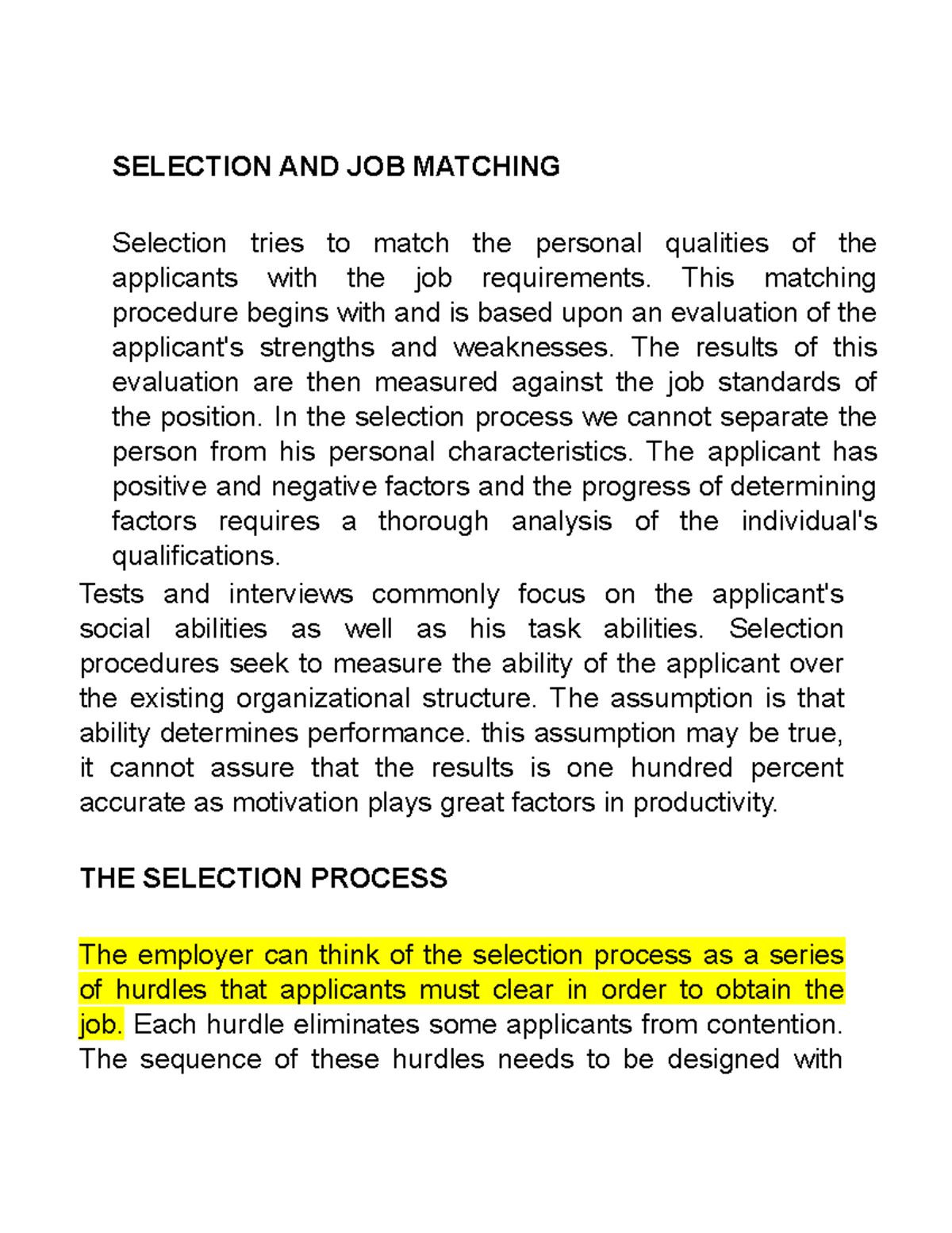 Selection AND JOB Matching - SELECTION AND JOB MATCHING Selection tries ...