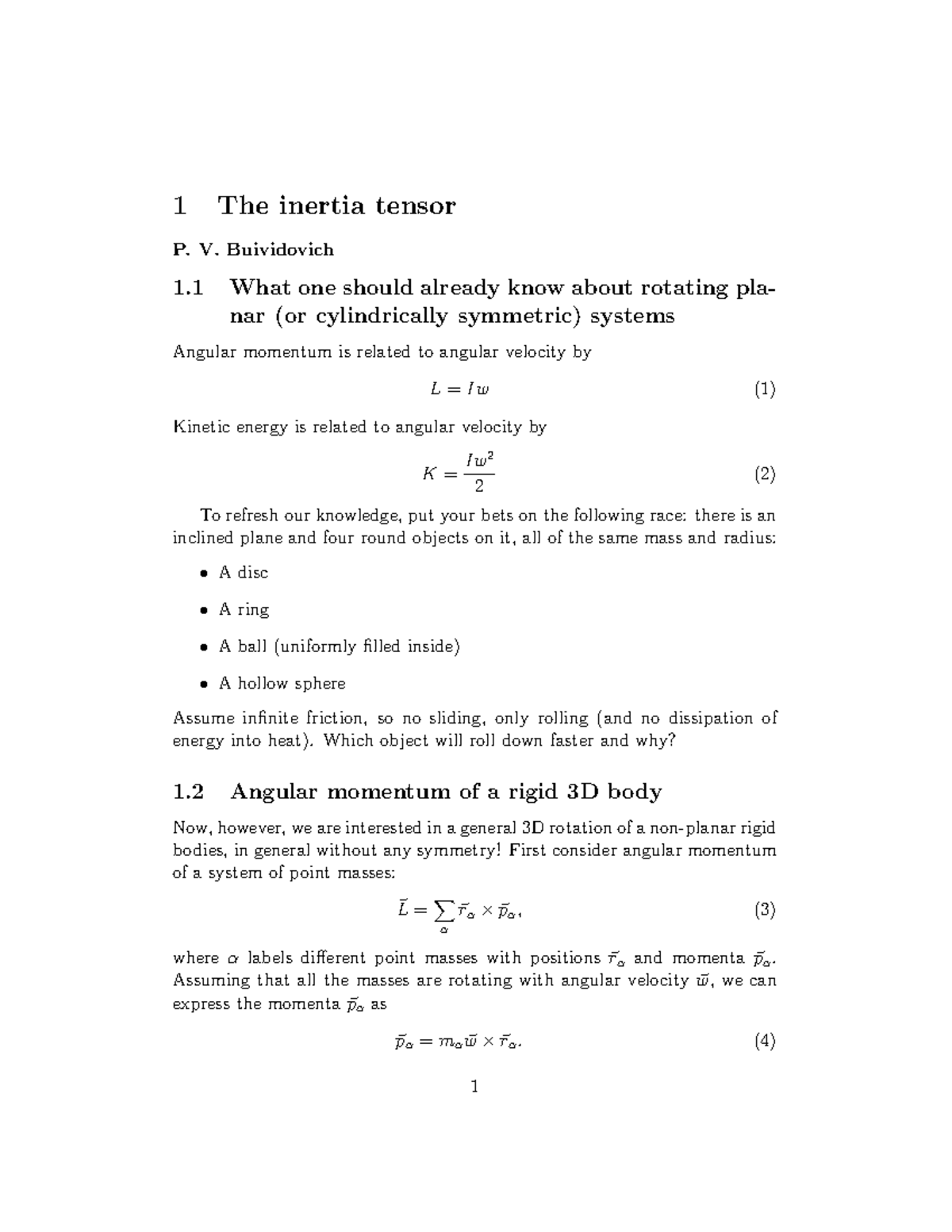 Inertia Tensor lecture notes - 1 The inertia tensor P. V. Buividovich 1 ...