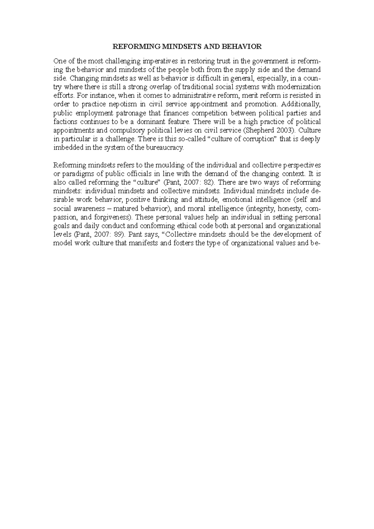 Reforming Mindsets AND Behavior - REFORMING MINDSETS AND BEHAVIOR One ...