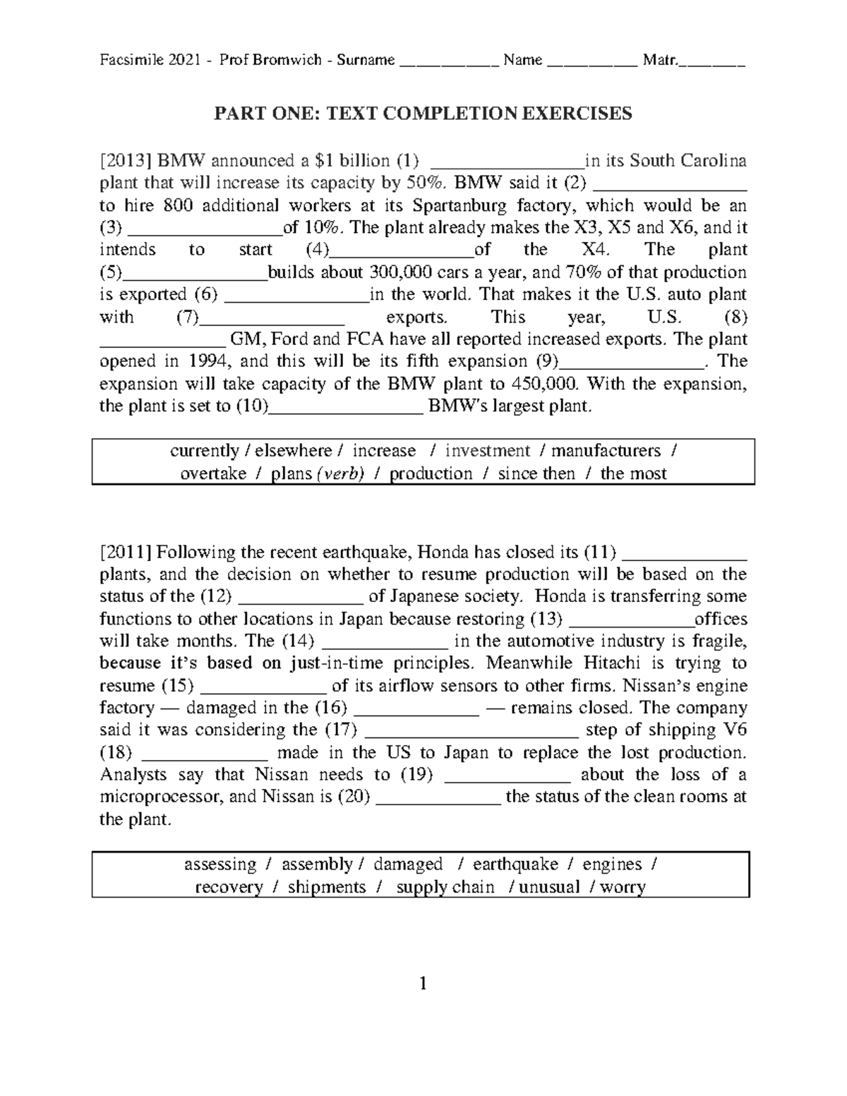 Facsimile esame Idoneità Inglese - PART ONE: TEXT COMPLETION EXERCISES ...