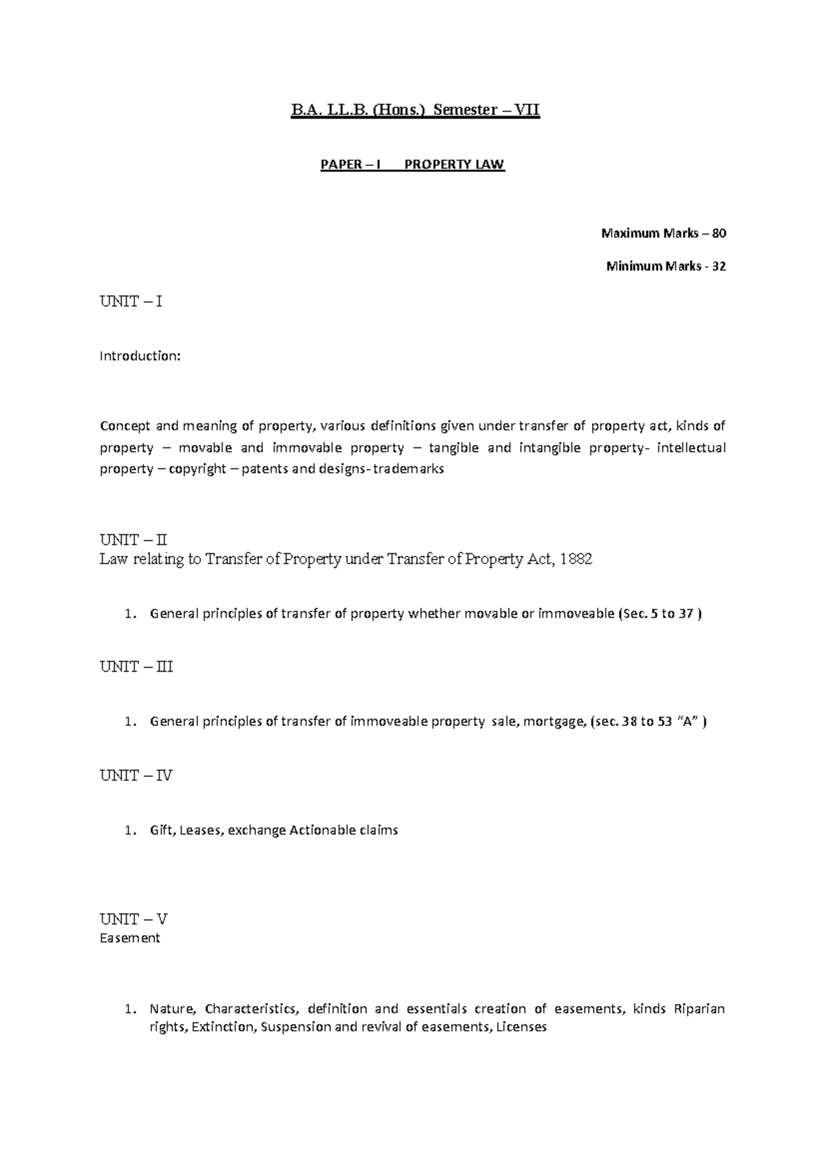 Ballb Hons 7th SEM syllabus - B. LL. (Hons.) Semester – VII PAPER – I PROPERTY LAW Maximum Marks ...