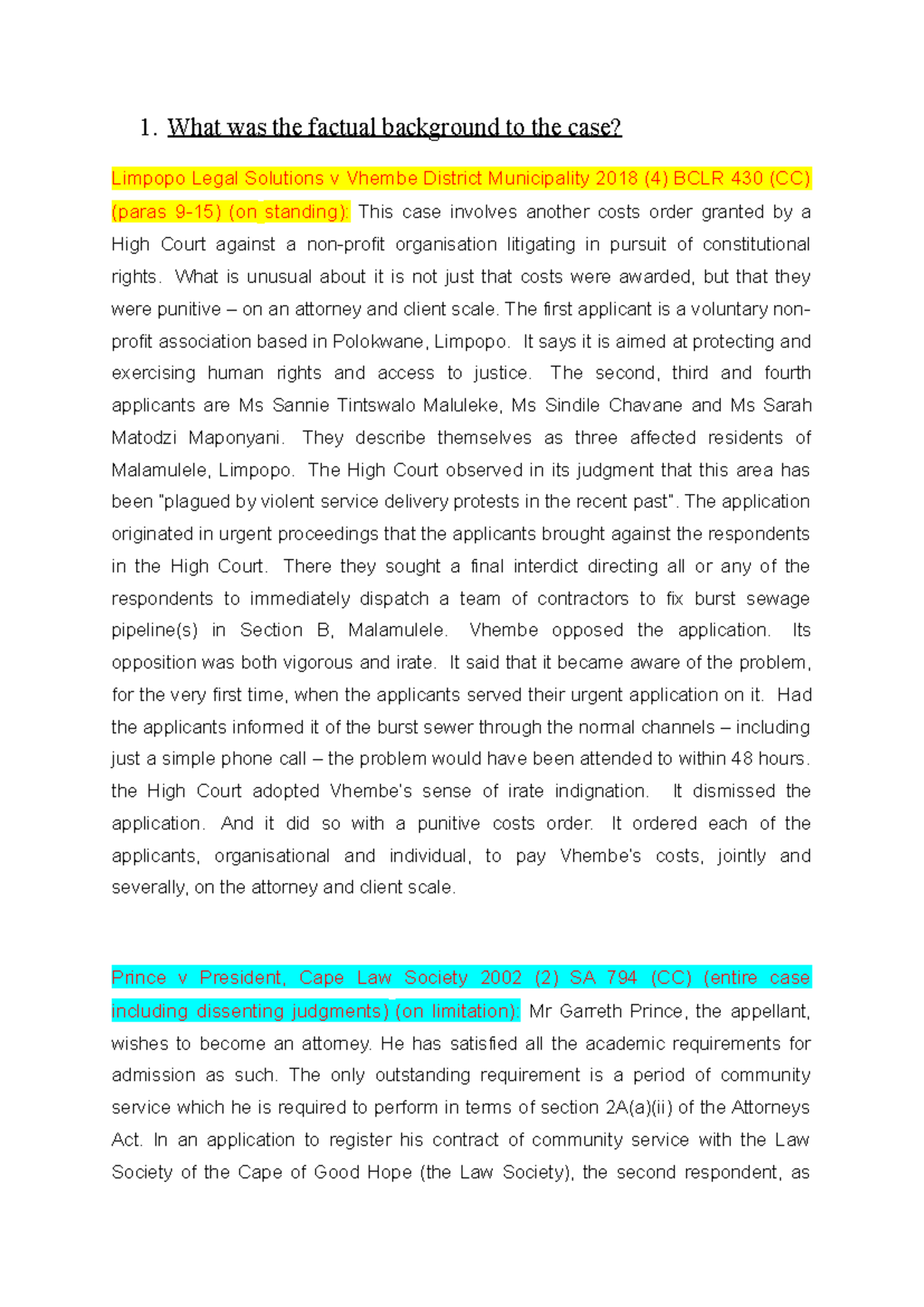 Bill of Rights Topic 1 prescribed cases - 1. What was the factual ...