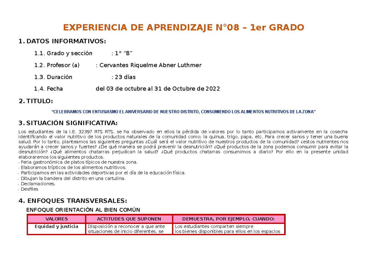 1° Grado - Experiencia DE Aprendizaje N°08 082434 - EXPERIENCIA DE APRENDIZAJE N°08 – 1er GRADO ...