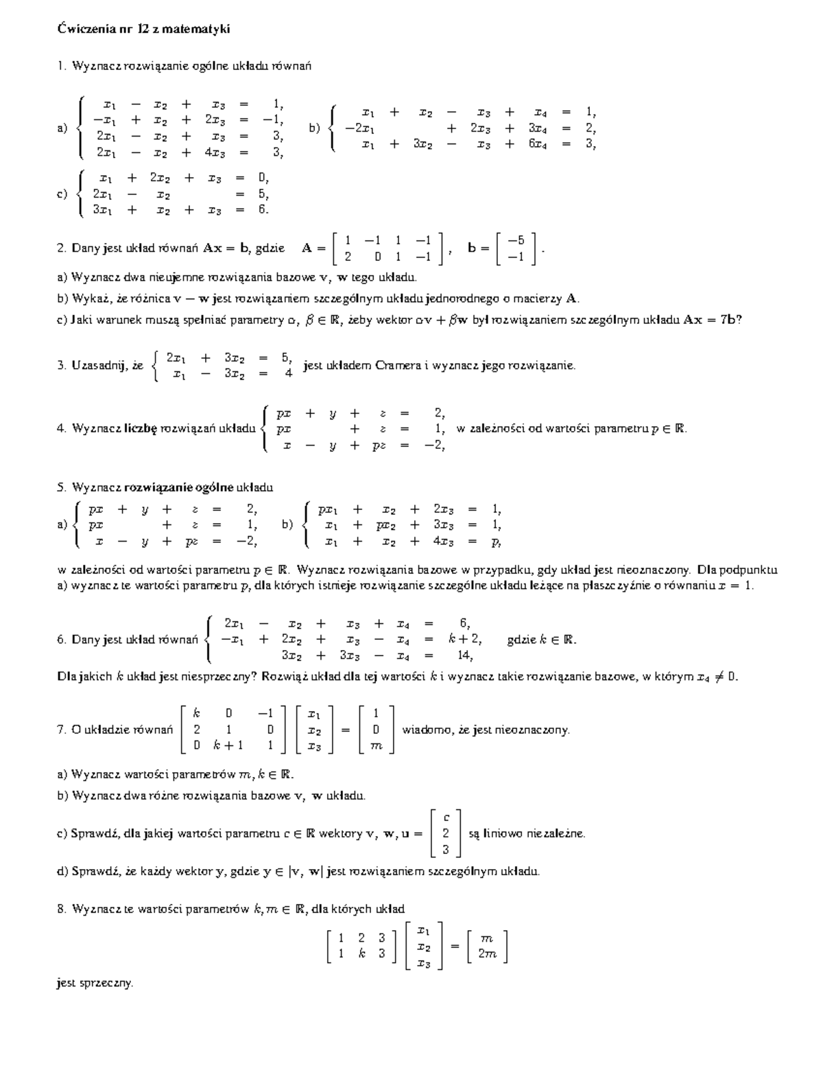 macierze zadania SGH matematyka - Ćwiczenia nr 12 z matematyki Wyznacz ...