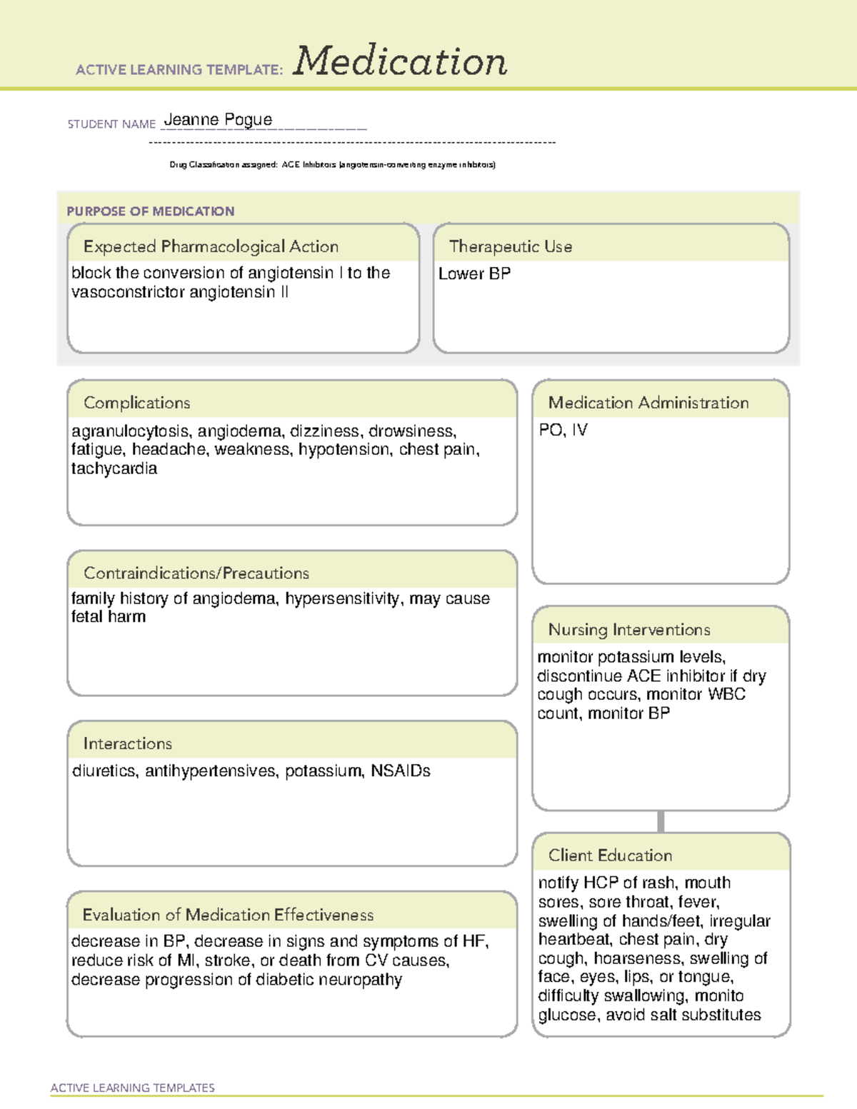 ACE Inhibitors med card - NUR 252 - ACTIVE LEARNING TEMPLATES STUDENT ...