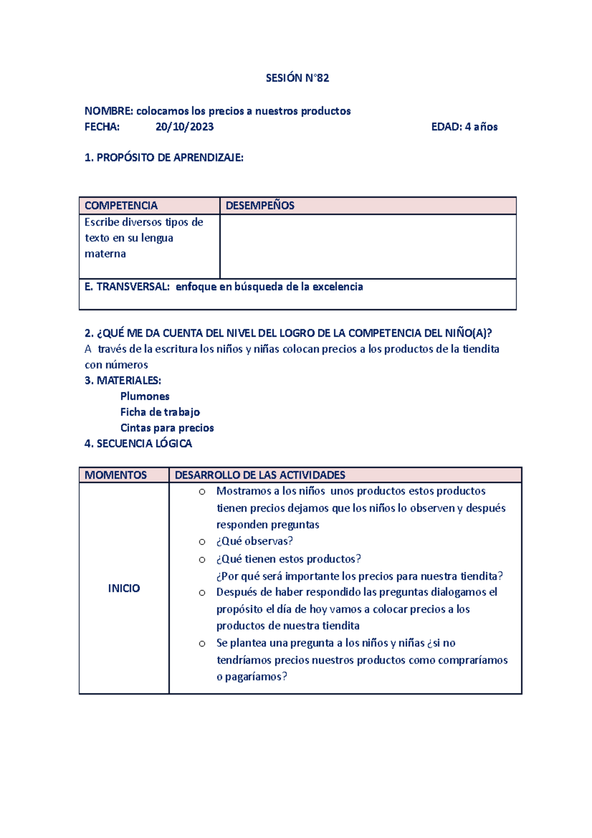 Doc90 - mbkh - SESIÓN N° NOMBRE: colocamos los precios a nuestros ...