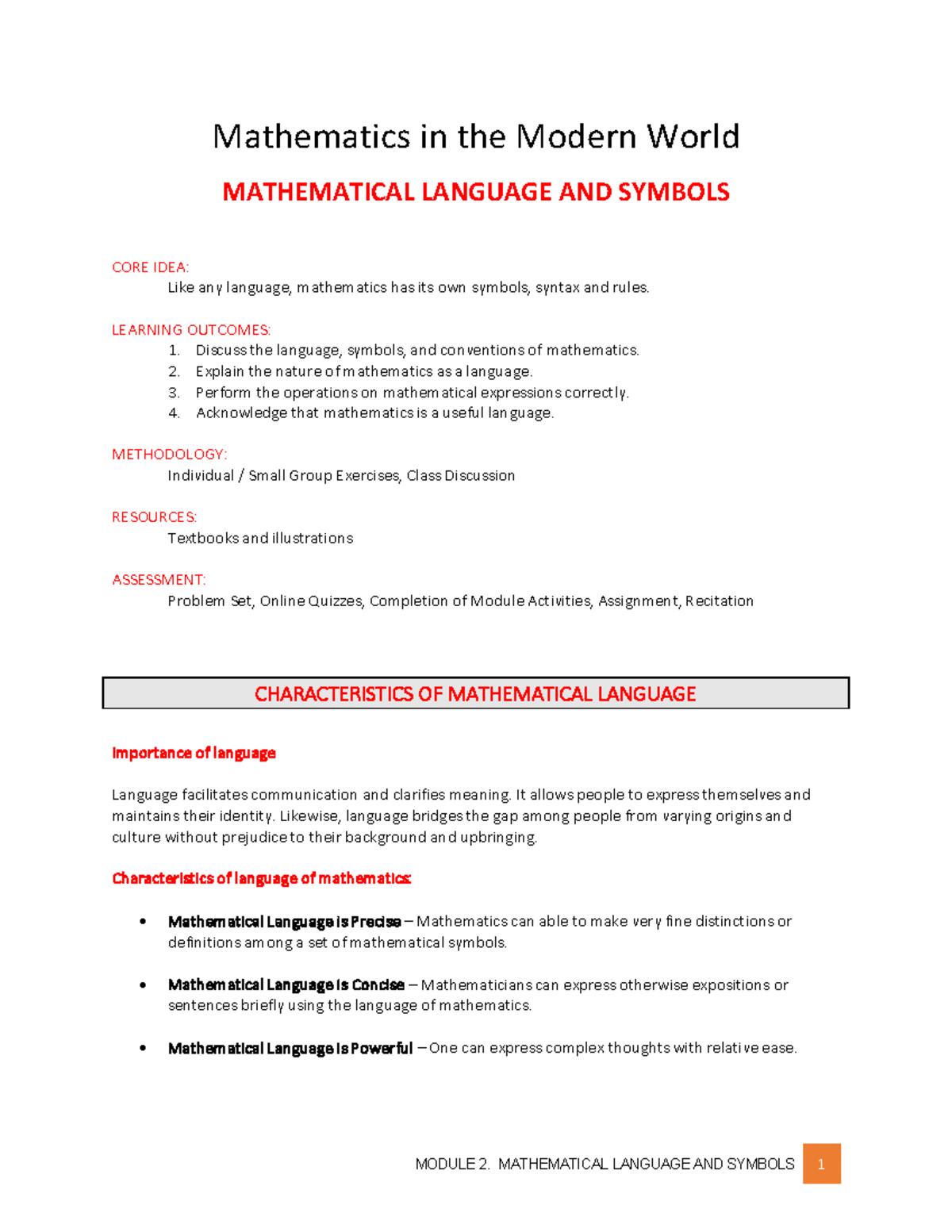 Module 2 Mathematical Language and Symbols - Mathematics in the Modern ...