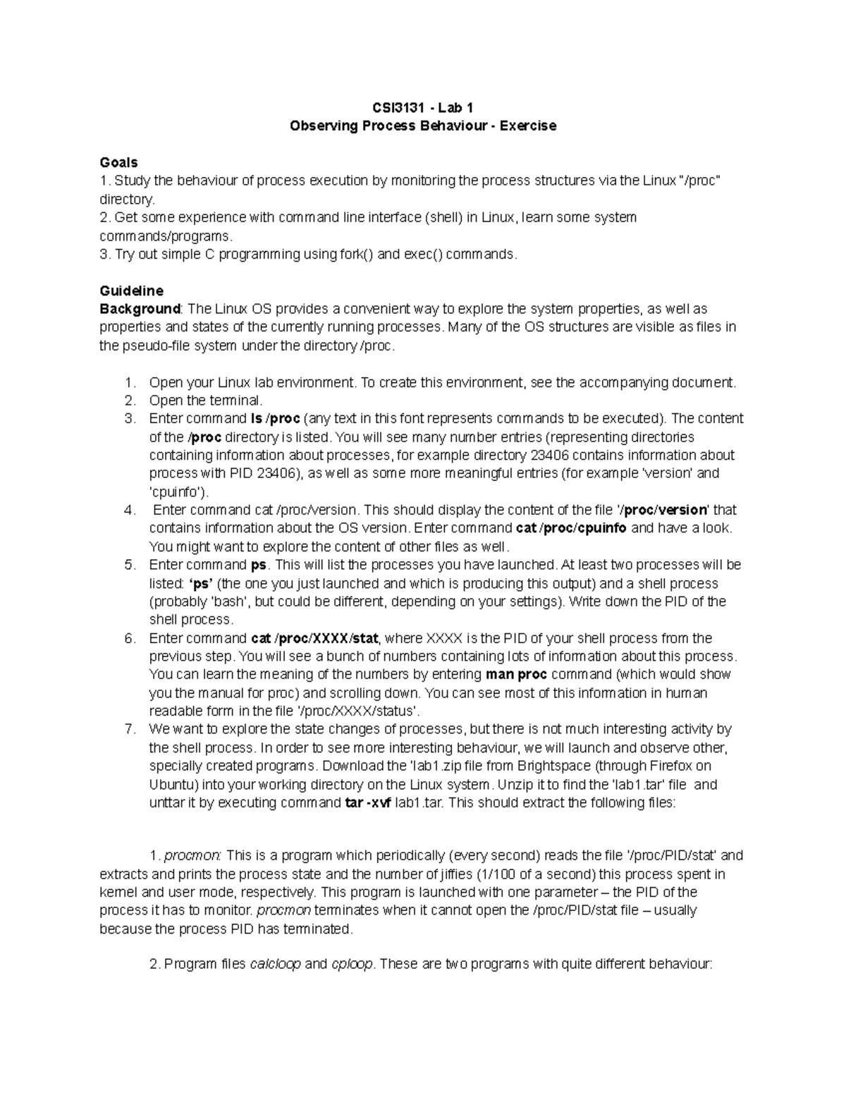 3 Lab1 Instruction - CSI3131 - Lab 1 Observing Process Behaviour - Exercise Goals Study the ...