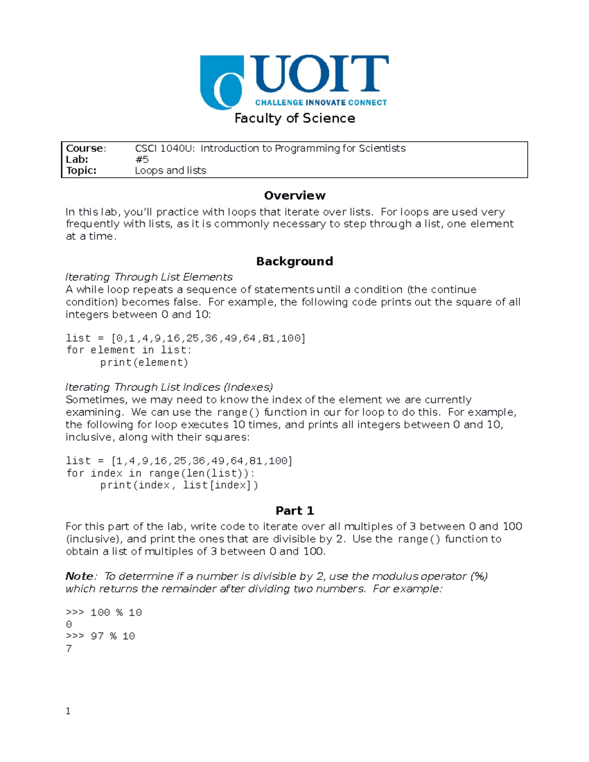 Lab05 Programming Loops Ii And Lists Faculty Of Science Course Csci 1040u Introduction To