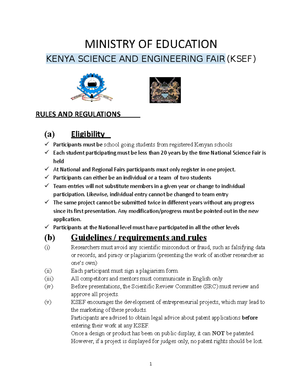 5. Rules AND Regulation KSEF - MINISTRY OF EDUCATION KENYA SCIENCE AND ...